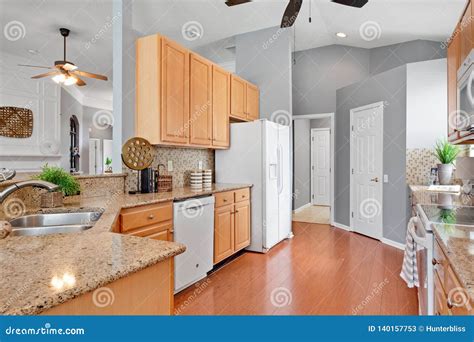 Modern Kitchen Home Interior With Hardwood And Wooden Cabinets