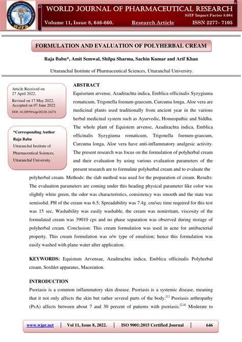 Pdf Formulation And Evaluation Of Polyherbal Cream