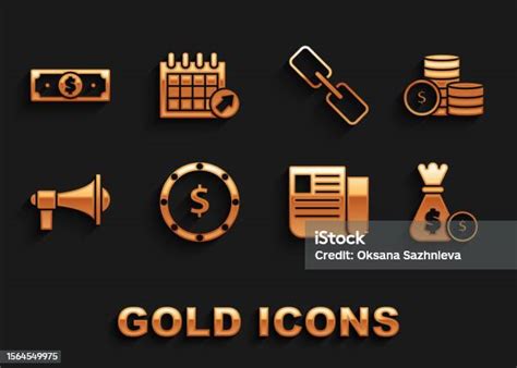 달러 기호 돈 가방 및 동전 파일 문서 확성기 체인 링크 스택 종이 현금 및 달력 아이콘으로 동전 돈을 설정합니다 벡터 가방에