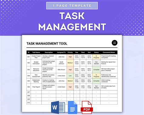 Task Management Tool Template Task Organization Template Productivity Management Template