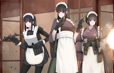 Safebooru 3girls Absurdres Apron Black Hair Black Legwear Bob Cut