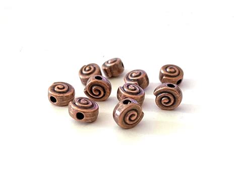 6 Antique Copper Pewter Spiral Snail Beads Nautical Flat Round Disc