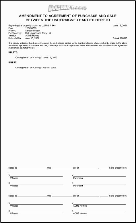 Homes Sample Document Amendment To Purchase Agreement