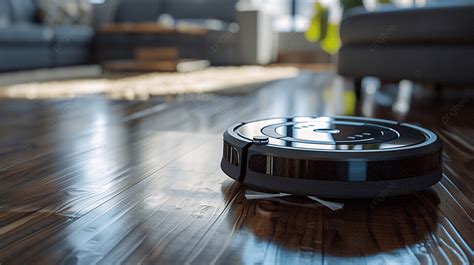 Robotic Vacuum Cleaner On Laminate Wood Floor Smart Cleaning Technology