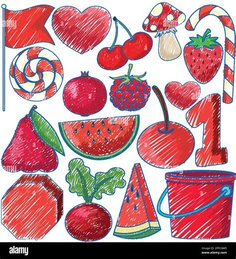Red Objects In Pencil Colour Sketch Simple Style Illustration Stock