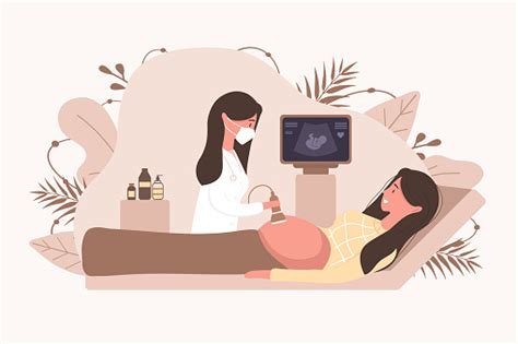 초음파 임신 선별 개념 의료 유니폼 스캔 어머니에 여성 의사 모니터에서 웃고 있는 배를 가진 소녀 배아 아기 건강 진단 그림입니다 개념에 대한 스톡 벡터 아트 및 기타