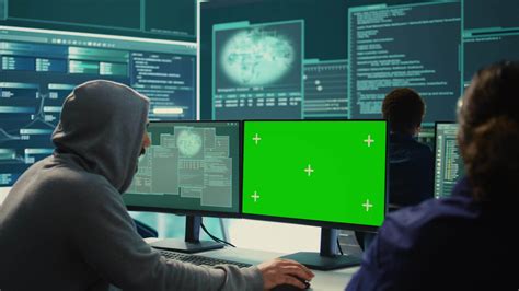 Governmental Hackers Working On Computer With Green Screen To Protect