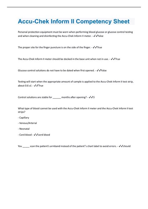 Accu Chek Inform II Competency Sheet Question With 100 Correct Answer Verified Accu Chek