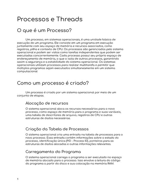 Sistemas Operacionais Resumo Processos E Threads Pdf Processo