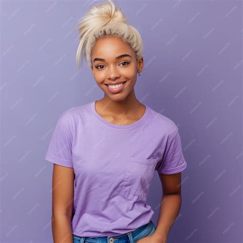 Premium Photo A Woman With Blonde Hair Wearing A Purple Shirt That