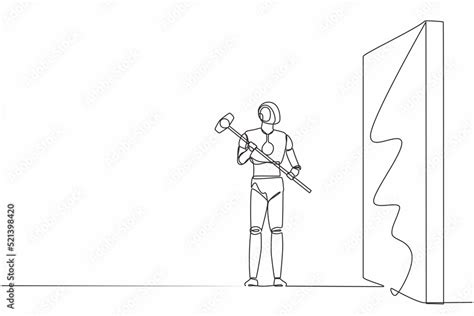 Continuous One Line Drawing Robot Standing And Holding Big Hammer While Facing Wall Humanoid