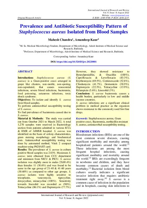 Pdf S Aureus Bacteremia Prevalence And Resistance