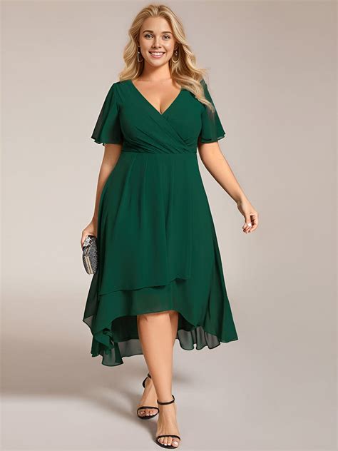 Plus Size Chiffon Wedding Guest Dress With Short Sleeves And High Low
