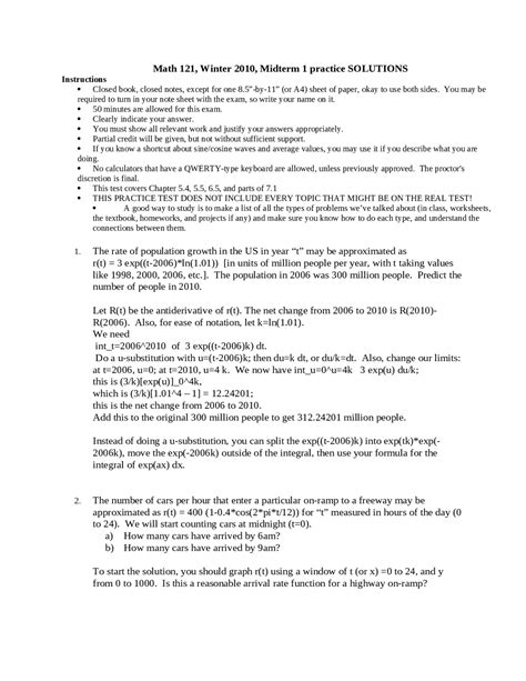 Practice Problems With Solutions On Calculus Ii Midterm Examination Math 121 Docsity