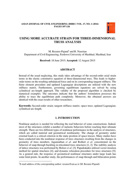 Pdf Using More Accurate Strain For Three Dimensional Truss Analysis