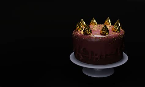 초콜릿 소스를 얹은 부드러운 초콜릿 케이크 3겹으로 황금빛 휘핑 크림과 황금빛 봄이 검은 색 배경의 흰색 원형 트레이에 뿌려져 있습니다 3d 렌더링 디지털 생성 이미지에