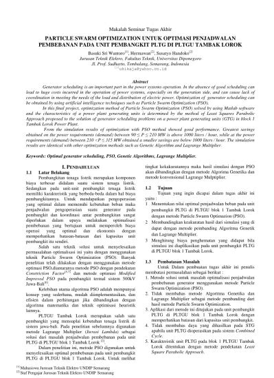 Particle Swarm Optimization Untuk Optimasi Penjadwalan Pembebanan Pada Unit Pembangkit Pltg Di