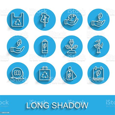 세트 라인 리프 에코 기호 재활용 쇼핑 가방 태그 잎 달력 단풍 자연 배터리 풍력 터빈 및 전기 절약 플러그 아이콘 벡터 가을에 대한 스톡 벡터 아트 및 기타 이미지