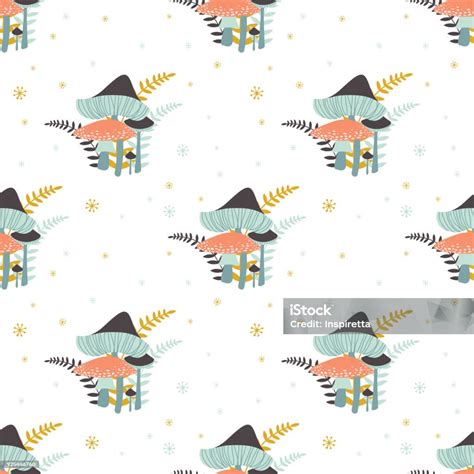 고 사리와 버섯의 클러스터입니다 음소거 색상에 간단한 그림입니다 숲 버섯과 벡터 원활한 패턴 비행 거리 Agaric Epaulet 그리고 고비 가을에 대한 스톡 벡터 아트