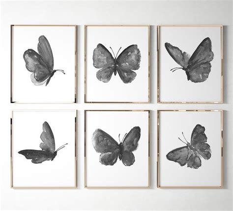 Butterfly Art Print Set Of 6 Butterflies Grey Wall Art Butterfly