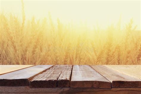 Wood Board Table In Front Of Field Of Wheat On Sunset Light Stock Image Image Of Layout Flare