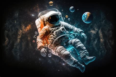 Artistic Astronaut Floating In Microgravity Surrounded By Stars And