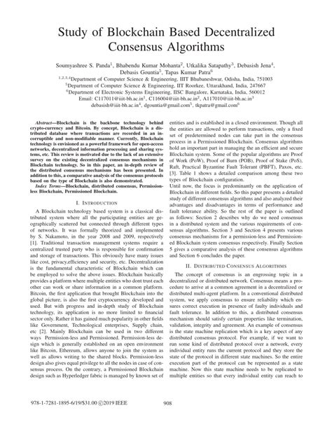 PDF Study Of Blockchain Based Decentralized Consensus Algorithms