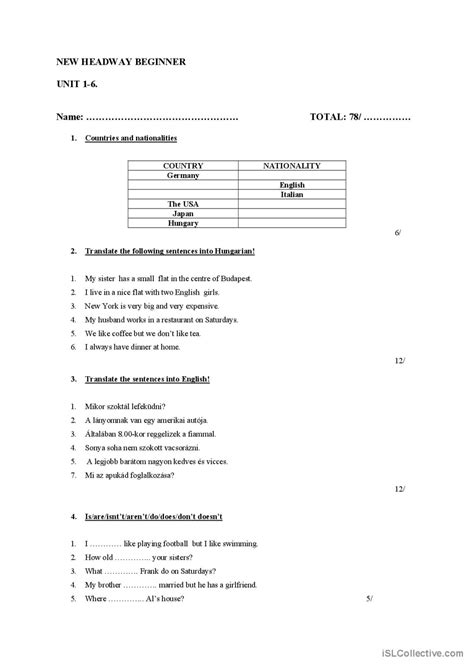 Headway Beginner 1 6 English Esl Worksheets Pdf And Doc