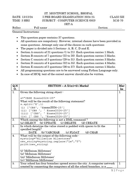 Class 12 Cs I Preboard 2024 25 Set A Pdf Multiple Choice Computing