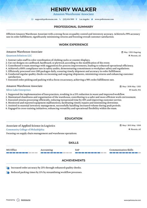 10 Amazon Warehouse Associate Resume Samples And Templates For 2025