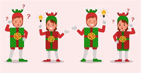 크리스마스 선물 상자 의상을 입은 키즈 보이와 소녀 세트 캐릭터 벡터 디자인 감정과 다양한 행동의 프리젠 테이션 12월에 대한