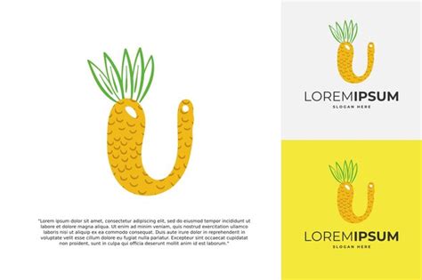 농업 정체성 레스토랑 카드 어린이 Tshirt 여름 인쇄 등 파인애플 과일 수제 서예로 만든 U 문자 로고 프리미엄 벡터