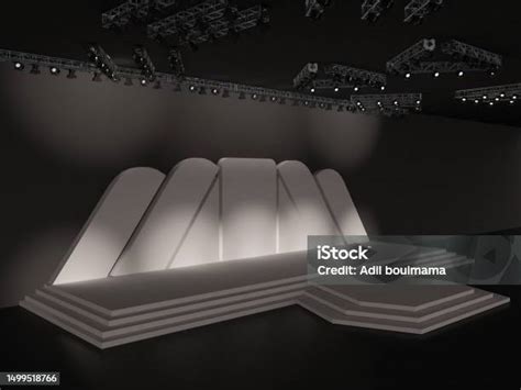 투시도에 계단이 있는 이벤트 빈 무대 둥근 모서리 기둥 디자인이 있는 배경에 투영 천장 프로젝터 시스템 맞춤형 디자인 내부 홀 3d 렌더링 그림 0명에 대한 스톡 사진 및