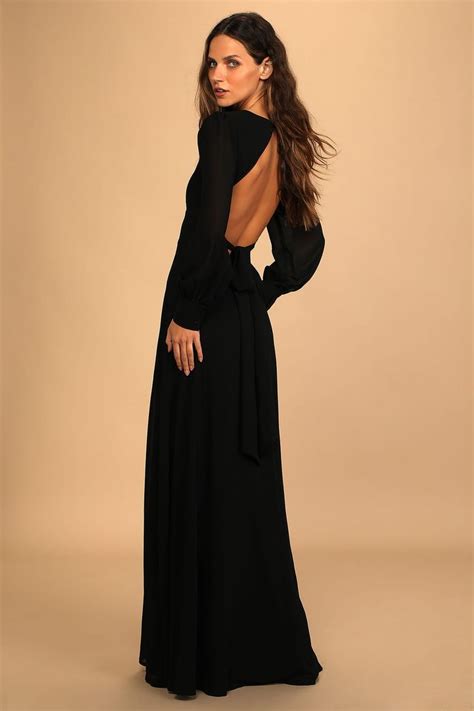 Talk About Divine Black Long Sleeve Backless Maxi Dress Black Tie Wedding Guest Dress Black