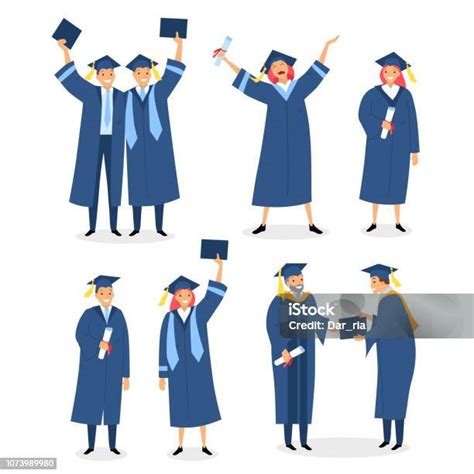 행복 한 졸업생 학위 및 인증서 설정합니다 졸업식입니다 동문 및 벡터 일러스트 레이 션 절연 성공적으로 시험을 통과 하는 학생에 대 한 축 하 졸업식에 대한 스톡 벡터 아트