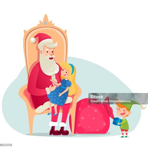 안락 의자 평면 그림에 앉아 산타 클로스 구절 엘프와 산타 만화 캐릭터를 말하는 소녀 크리스마스 휴일 디자인 요소입니다 흰색 배경에 고립 동화 영웅 12월에 대한 스톡 벡터