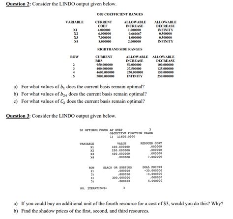 solved question 2 consider the lindo output given below a