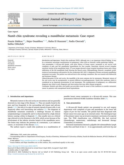Pdf Numb Chin Syndrome Revealing A Mandibular Metastasis Case Report
