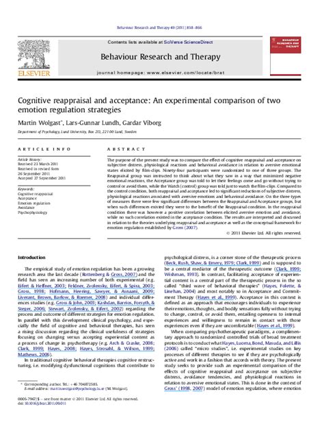 Pdf Cognitive Reappraisal And Acceptance An Experimental Comparison Of Two Emotion Regulation