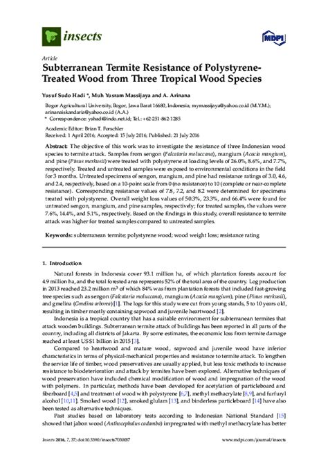 Pdf Subterranean Termite Resistance Of Polystyrene Treated Wood From Three Tropical Wood Species