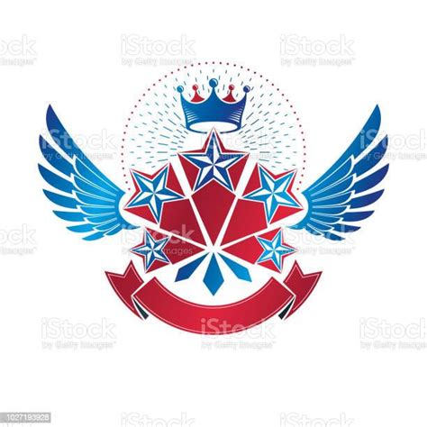 날개 달린된 고 대 스타 엠 블 럼 제국 크라운 럭셔리 리본 장식 전 령 벡터 디자인 요소 5 개의 별 기호 수상 레트로 스타일 레이블 문장 학입니다 계급에 대한 스톡 벡터