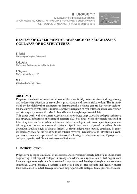 Pdf Review Of Experimental Research On Progressive Collapse Of Rc Structures
