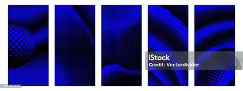 짙은 파란색과 검은색 추상 하프톤 배경에는 착시 구체와 유동적인 파동이 있습니다 디지털 아트워크 포스터 및 현대적인 브랜딩 프로젝트에 적합합니다 고대비에 대한 스톡 벡터