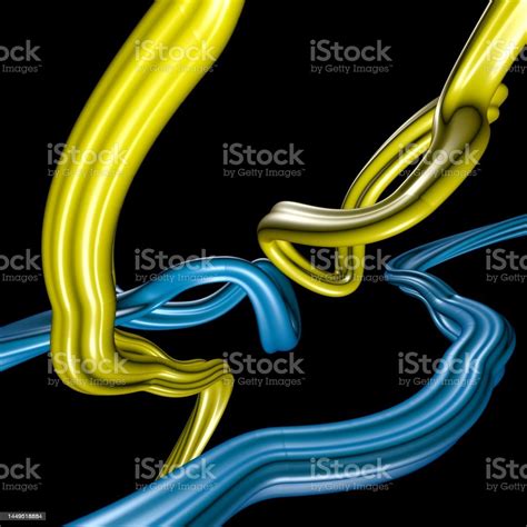 추상 얽힌 코드 색상 우크라이나의 국기 파란색과 노란색 섬유 네트워크 우아하게 꼬인 선이나 파이프 물결 고무 곡선이 있는 화려한 배경 디자인 3d 렌더링 관로에 대한 스톡