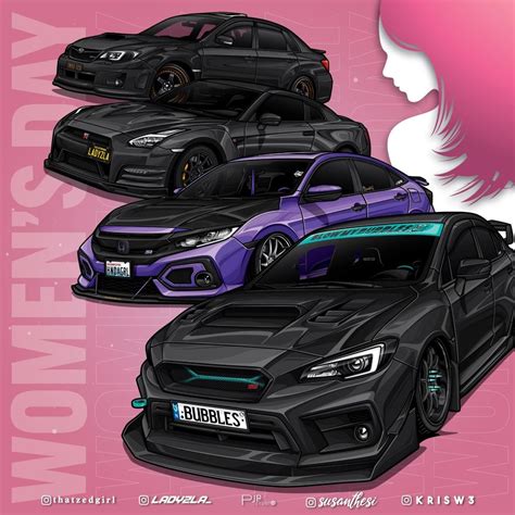 Happy Womens Day Three Subaru Cars Illustration Black Subaru Wrx
