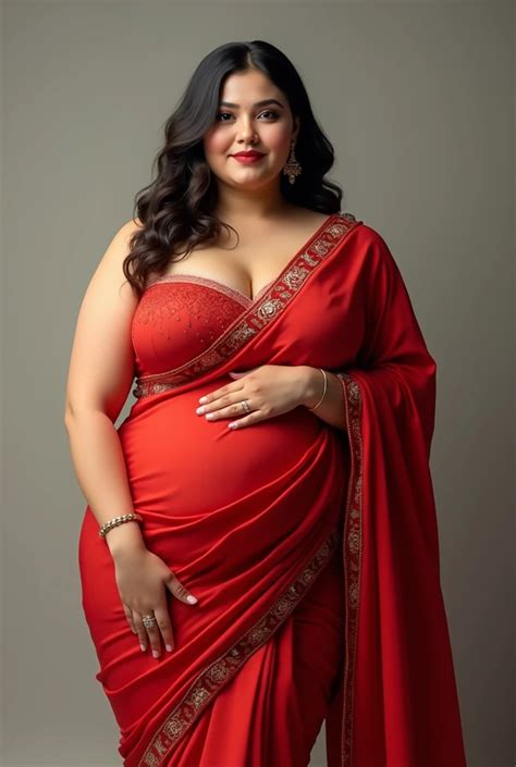 Thick Girl Wearing Saree Big Boobs Belly Showing Curvy Red Saree