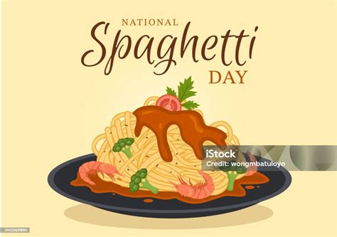 1월 4일 전국 스파게티의 날 이탈리아 국수 또는 파스타 플랫 만화 손으로 그린 템플릿 그림에 다양한 요리 건강한 생활방식에
