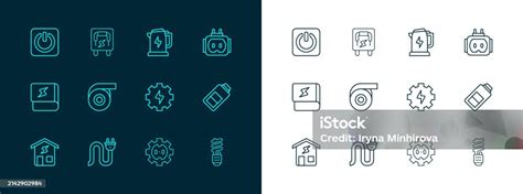 라인 티 플러그 전기 전기 기어 및 번개 전기 콘센트 롤 접착 테이프 주전자 전원 버튼 및 패널 아이콘을 설정합니다 벡터 0명에