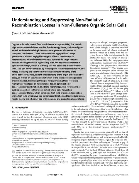 Pdf Understanding And Suppressing Non‐radiative Recombination Losses In Non‐fullerene Organic