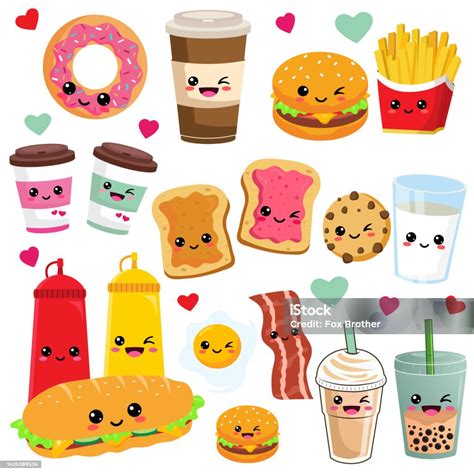 Set Di Clip Art Di Cibi E Bevande Kawaii Carini E Divertenti Collezione